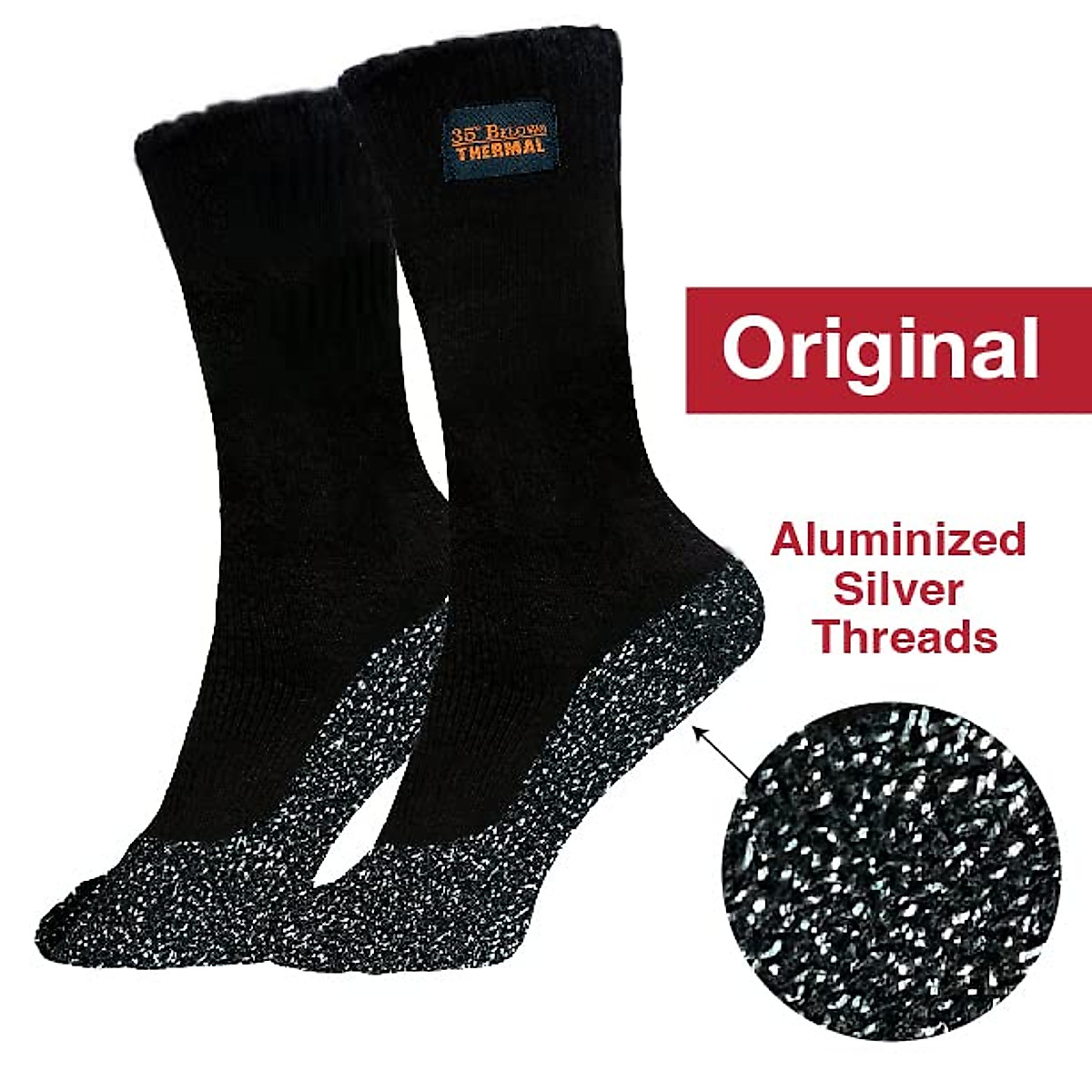 35° Below Thermal Insulated Socks for Men and Women, Designed with Soft Aluminized Loops to Keep Feet Warm and Cozy, One Pair, Large, Black/Silver