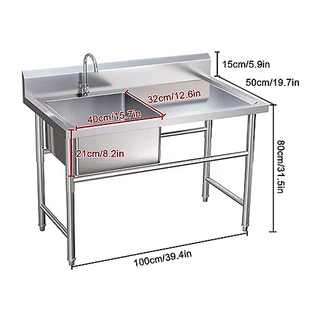 Large Single Bowl Outdoor Sink Freestanding Stainless Steel Sink, Stainless Steel Utility Sinks,1 Compartment Commercial Kitchen Sink,w/Workbench (39.4 * 19.7 * 31.5in,left platform)
