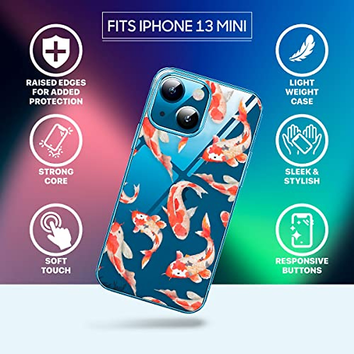 CaseYard Clear Soft & Flexible TPU Case for iPhone-13-Mini Ultra Low Profile Slim Fit Thin Shockproof Transparent Protective Cover Drop Protective Case Koi Fish Pond