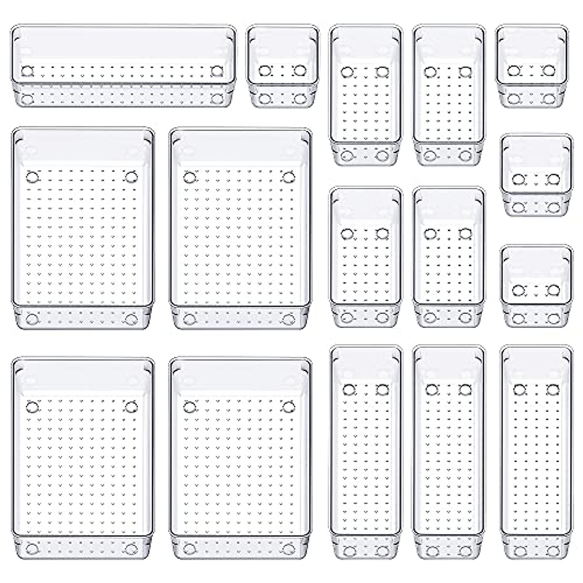 SMARTAKE 16-Piece Drawer Organizers, 4 Sizes Desk Dividers with Non-Slip Pads, Plastic Dresser Storage Tray Sets, Cosmetic Makeup Jewelries Trays, for Kitchen, Office, Home, Bathroom (Clear)