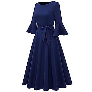 Modest Dresses for Women 3/4 Sleeve Vintage Wedding Guest Midi Dress Long Sleeve Dress for Women Fit and Flare Tea Party Homecoming Dress Navy L