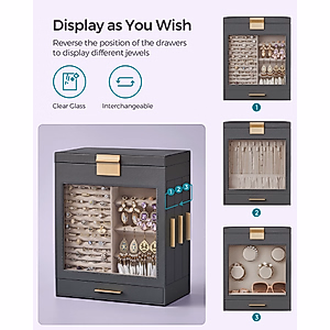 SONGMICS Jewelry Box with Glass Window, 5-Layer Jewelry Organizer with 3 Side Drawers, Jewelry Storage, with Big Mirror, Modern, 6.1 x 10.3 x 12.6 Inches, Slate Gray and Metallic Gold UJBC162G01