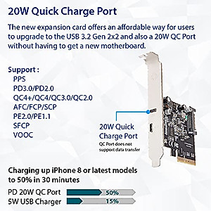 I/O CREST USB-C 3.2 Gen 2x2 + 20W QC Power Delivery PCI-e Gen 3 x4 Expansion Card SATA Powered ASMedia ASM3242