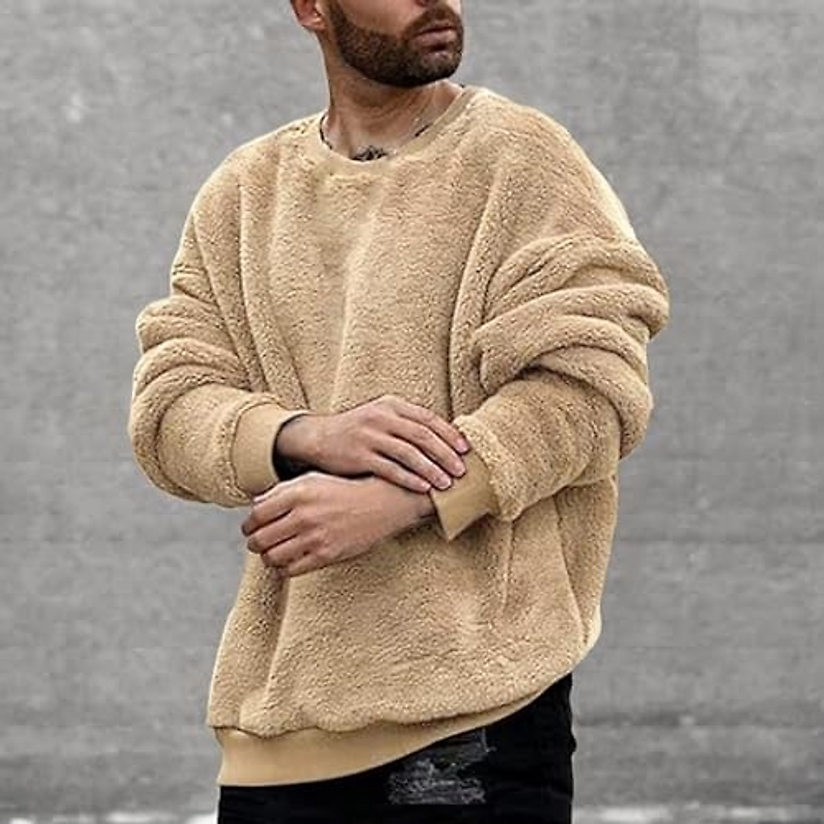 lisenraIn Men's Sherpa Hoodie Fuzzy Pullover Long Sleeve Kangaroo Pocket Hoodie Autumn Winter Hooded Sweatshirt (Khaki-no hood or pocket, XL)