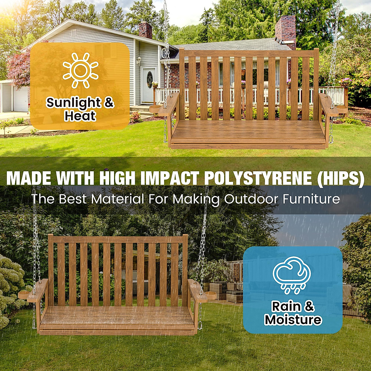 Mega Casa Poly Lumber Porch Swing, Deep Seat and High Backrest, with Removable Cup Holders, Wood-Like Pattern, Heavy Duty 900 LBS, for Outdoor Patio Garden Yard (Teak Tone)