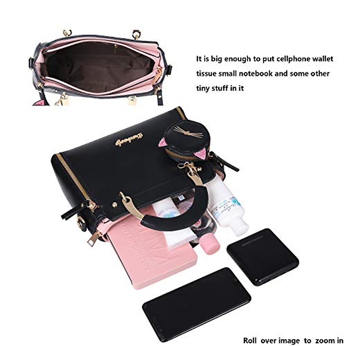 Qiayime Women Fashion Handbag Purses Luxury Designer Crossbody PU Leather Satchel Shoulder Messenger Bags Tote Cat Purse (black)