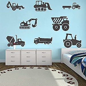 ANFRJJI Construction Vehicle Wall Decal - Excavator Bulldozer Mixer Truck PVC Removable Wall Sticker with 8 City Construction Vehicles - Construction Truck Tractor Peel and Stick for Kids Room Art Murals DecorationsJWH130 (black)