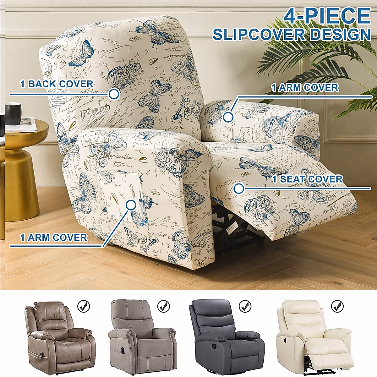 Eco-Ancheng Recliner Slipcovers 4-Pieces Lazyboy Recliner Covers Recliner Couch Covers Recliner Chair Cover Non Slip Reclining Slipcovers with Storage Pockets Furniture Protector for Living Room