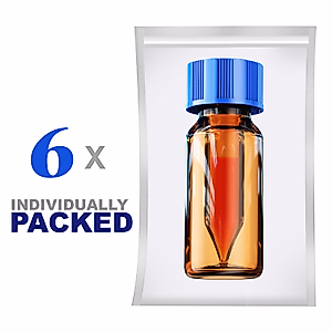 Borosilicate Glass V Vial, High Recovery Vial with Blue Screw Cap,0.3 mL Capacity Pack of 6 (Amber, 0.3mL)