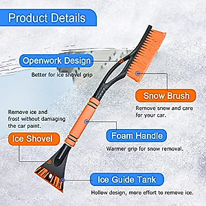 Snow Brush and Detachable Ice Scraper, Ice Scraper and Extendable Snow Brush with Ergonomic Foam Grip, Car Exterior Accessories Fit for Cars, Trucks, SUVs, Ice Scrapers for Car Windshield (Orange)