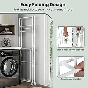 GOFLAME Foldable Clothes Drying Rack, Collapsible Laundry Rack Stand with Hanging Rods, Folding Side Shelves, Removable Middle Shelf, Garment Drying Rack with 4 Universal Wheels for Indoor Outdoor Use