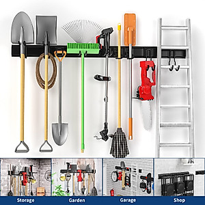 Ailadl Wall Mount Tool Storage Rack, 15 PCS Heavy Duty Steel Yard Garden Tool Organizer, Garage Tool Organizer Wall Mounted Storage System Hold Up to 550lbs, with 2 Extension Cord