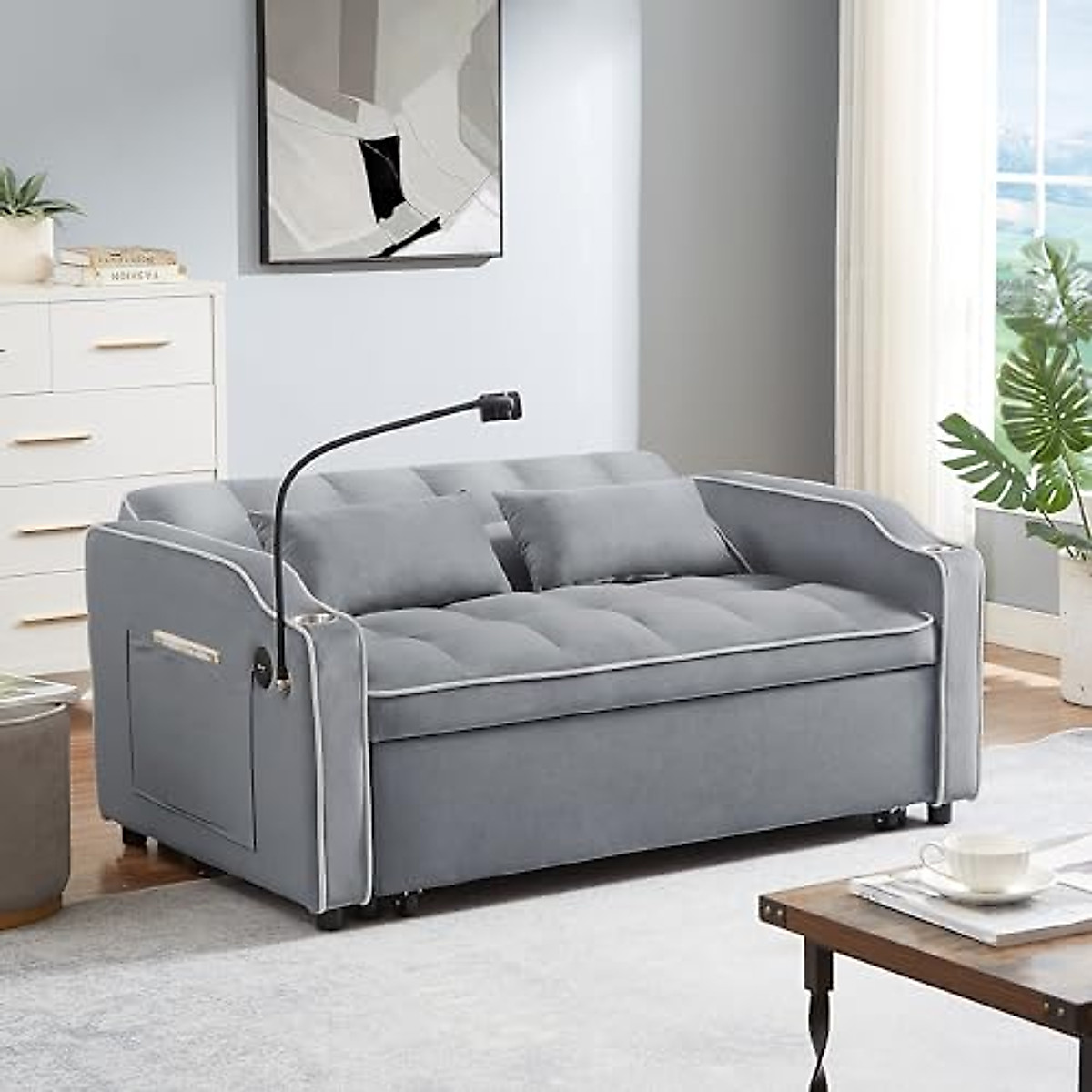 ERYE Modern Convertible Futon Loveseat Sofa with Pull Out Sleeper Couch Bed, Upholstered 2 Seaters Adjustable Backrest Love Seat W/Cupholders,USB Port & Phone Holder for Apartment Office Living Room