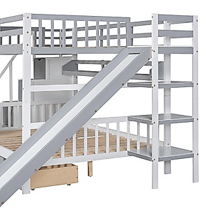 BIADNBZ Full Over Full Castle Style Bunk Bed with Slide and Stairs, Wooden Stairway BunkBed w/2 Drawers Storage and 3 Shelves for Kids Boys Girls Bedroom, Gray