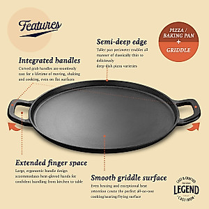 Legend Cast iron Pizza Pan | 14” Steel Pizza Cooker with Easy Grip Handles | Deep Stone for Oven or Griddle for Gas, Induction, Grilling | Lightly Pre-Seasoned Cookware Gets Better with Use