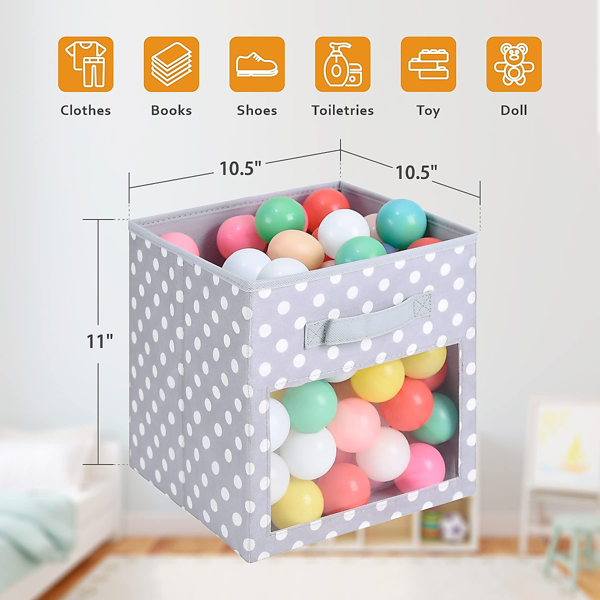 Utureal 11 Inch Fabric Cube Storage Bins with Clear Window, Collapsible Closet Shelves Storage Boxes with Handle, Kids Nursery Room Bedroom Home Basket, Toys Clothes Organizer Bin | Grey, Polka Dots