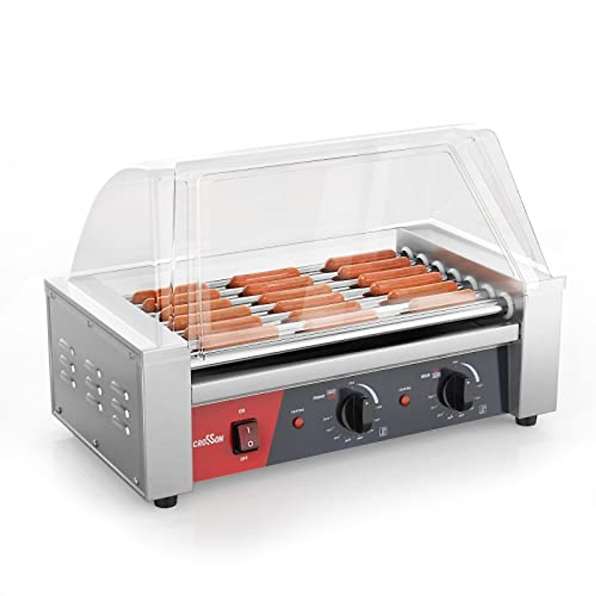 CROSSON Hot Dog 7 Roller Grill Cooker Machine with Transparent Sneeze Guard,7 Nonstick 304SS Rollers and Dual Temp Control,Commercial Hot Dog Cooker Machine-120V, 830W