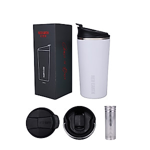 GiNT 17oz Travel Tea Mug with Infuser and Two Lids. Vacuum Insulated 316 Stainless Steel Travel Coffee Mug. Dishwasher Safe Tea Cup with Tea Strainer for Hot and Cold Brew Coffee or Tea(White)