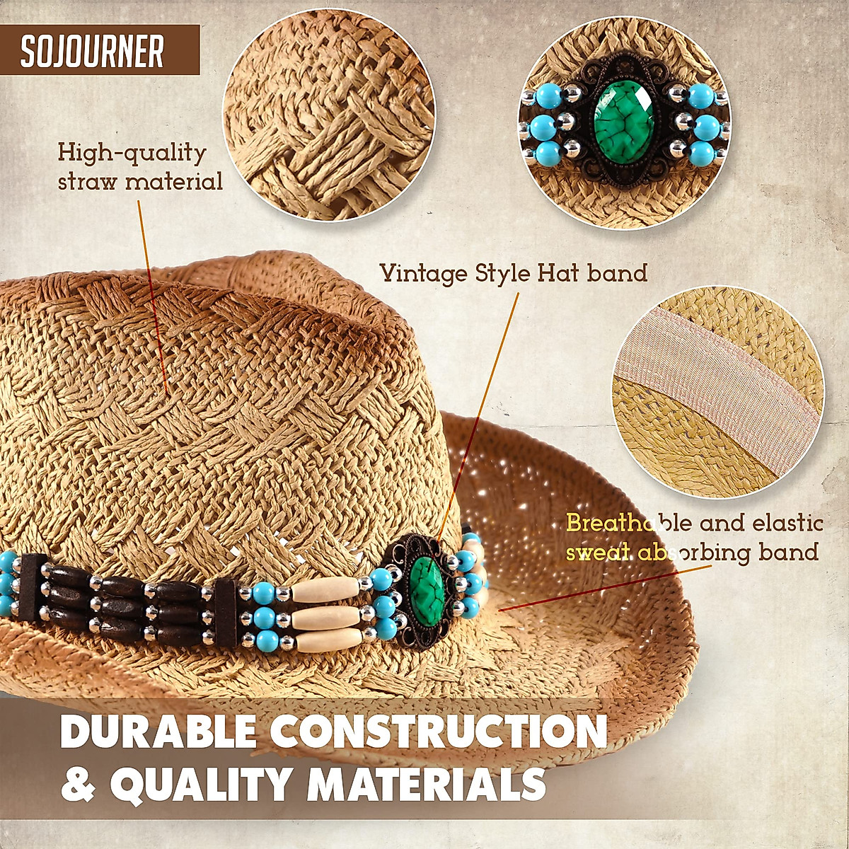 SoJourner Bags Straw Cowgirl/ Cowboy Hat for Women & Men - Cute Fun Hats for The Beach, Western Wear - Designed with Turquoise Beads Band and Adjustable Band