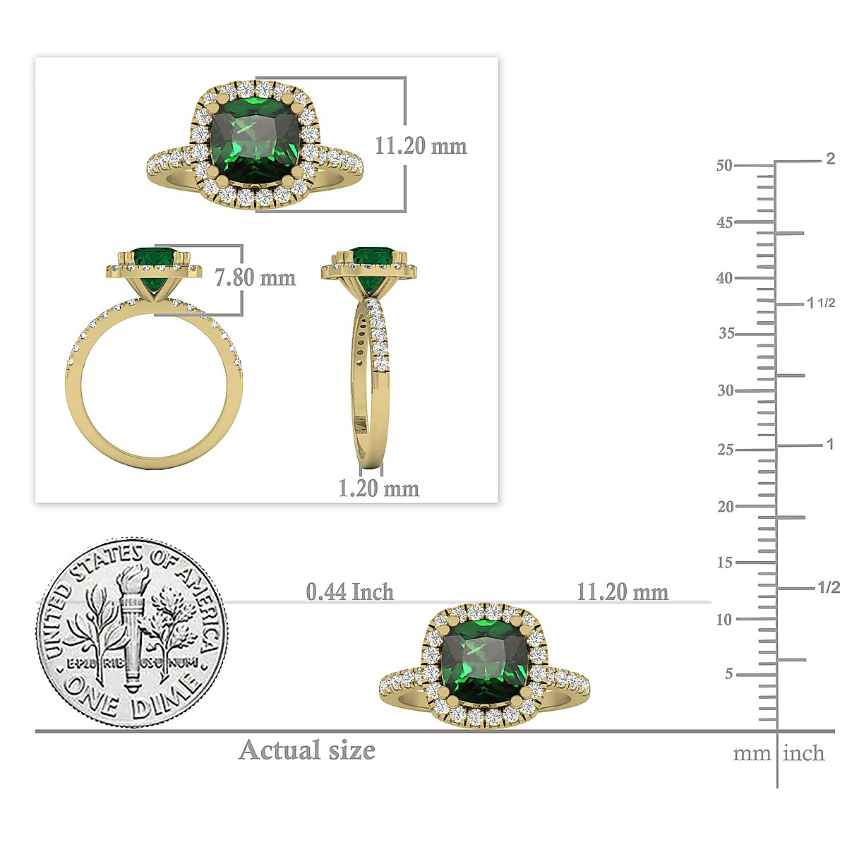 Dazzlingrock Collection 7.5 mm Cushion Lab Created Emerald & Round White Diamond Halo Engagement Ring for Women in 14K Yellow Gold Size 8
