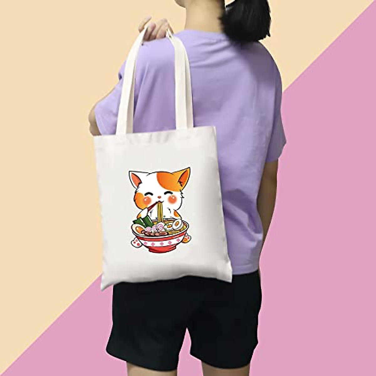 BDPWSS Cat Mom Tote Bag Ramen Cat Neko Anime Kawaii Gift Cat Lover Canvas Shoulder Bag Crazy Cat Lady Gift Ramen Fans Handbag (Cat ramen TG)