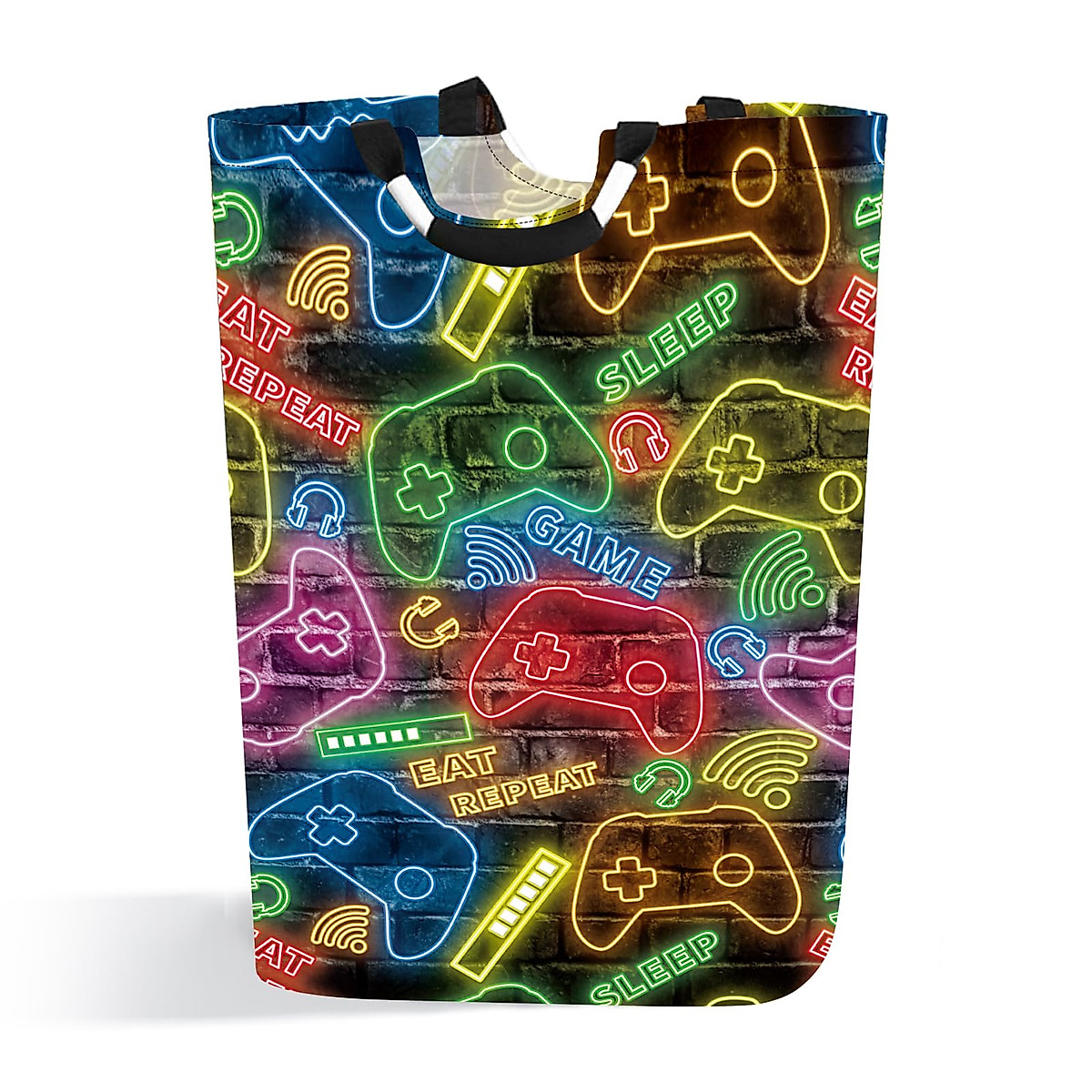 Large Size Boys Laundry Hamper Neon Gamer Basket with Handle Waterproof Foldable Lightweight Clothes Bucket Gift Toy Organizer for Laundry, Bedroom,Bathroom Decor (Neon Gamer)