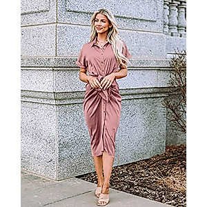 BTFBM Women 2023 Button Down Ruched Shirt Dresses Short Sleeve Lapel V Neck Elegant Party Spring Summer Maxi Satin Dress(Short Sleeve Pink, Small)