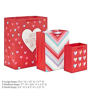 Hallmark Valentine's Day Assorted Size Gift Bags (8 Bags: 3 Small 6", 3 Medium 9", 2 Large 13") Hearts and Stripes