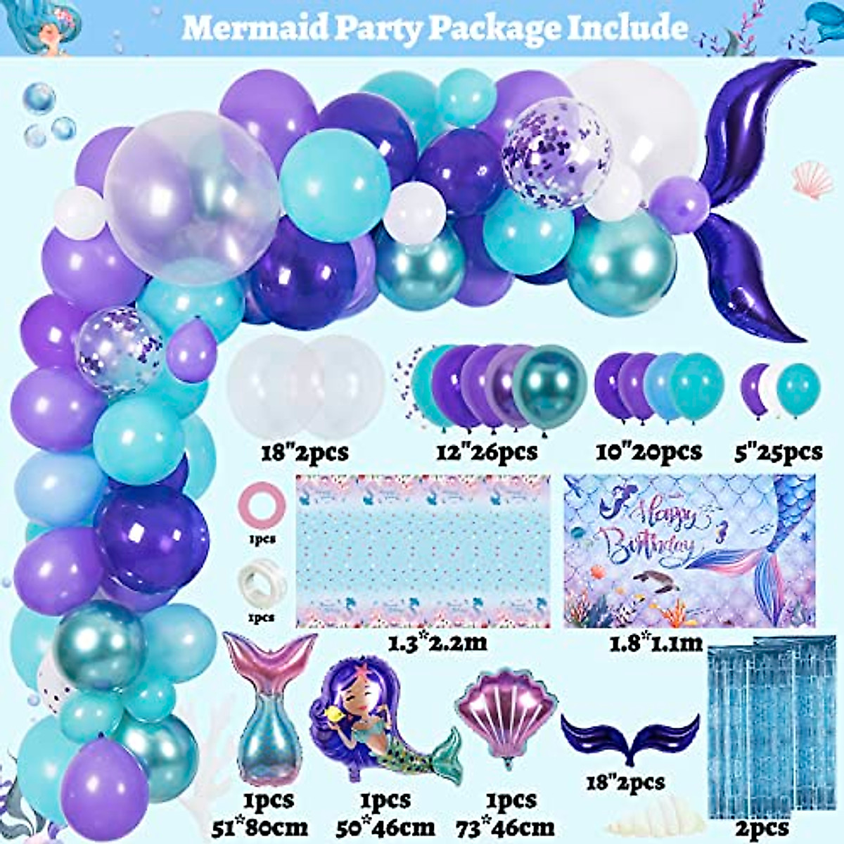 Freechase Mermaid Theme Birthday Decorations - Mermaid Party Decorations Supplies Include Mermaid Balloons Garland Kit, Mermaid Birthday Backdrop, Tablecloth, Mermaid Decorations for Birthday Party
