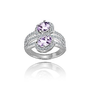 Ice Gems Sterling Silver Amethyst and White Topaz Oval Halo Friendship Ring, Size 7