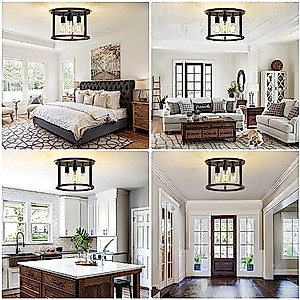 APOTO 3-Lights Semi Flush Mount Ceiling Light Fixture,Black Hallway Light Fixture,Industrial Light Fixture Ceiling Mount,Farmhouse Close to Ceiling Lamp for Entryway Kitchen,Bulb not Included, 2 Pack