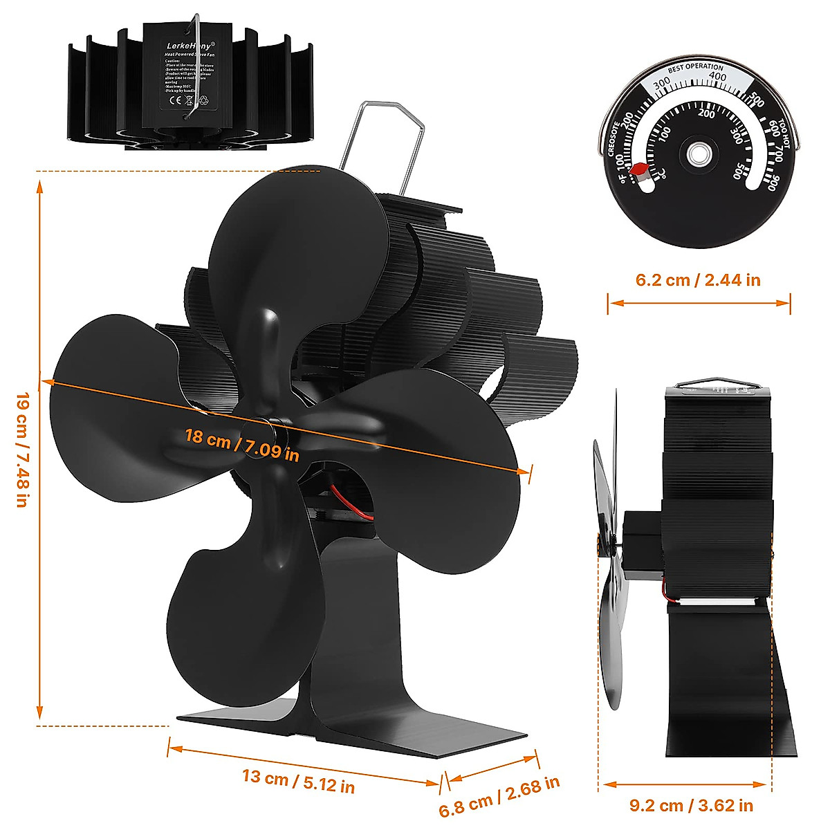 LerkeHony 4 Silent Heat Powered Stove Fan, Log Burner Fan with a Thermometer, Eco Friendly Heat Circulation for Wood/Log Burner/Fireplace/Free Stove Thermometer Satin/Black