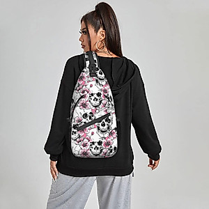 Famame Sugar Skull Skeleton Flower Pink Sling Backpack Chest Bag Crossbody Shoulder Bag Gym Cycling Travel Hiking Daypack For Men Women, Multicolor