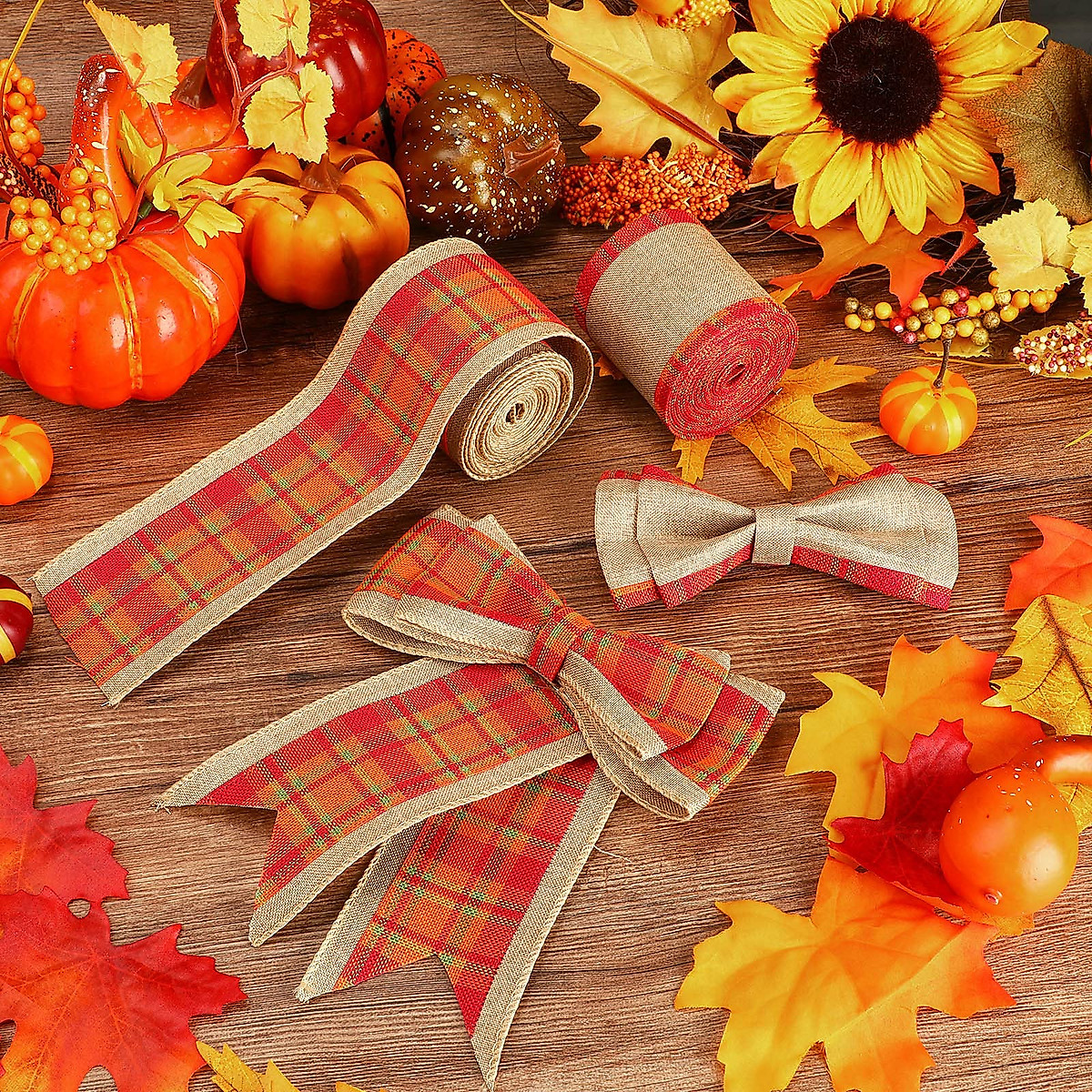 2 Rolls 10 Yards Fall Plaid Wired Edge Ribbons Thanksgiving Orange Buffalo Plaid Ribbon Burlap Fabric Ribbon Natural Wrapping Red Orange Edge Ribbon for Wedding Decor Autumn Crafts, 2.5 Inch