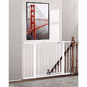 Newnice 29.7"-46" Safety Baby Gate for Stairs, Auto Close Pressure Mounted Easy Walk Thru Dog Pet Gate for The House, Doorways, Extra Wide Child Gates for Kids Toddler, White