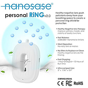Nanosase ring personal air purifier necklace v2.0 mini ionic wearable for Kids, Adults, healthy negative ion therapy, filterless mobile air ionizer by igozen. (BNS Black + White, 2 Pack)
