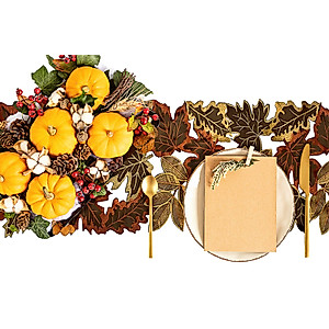 Fall Thanksgiving Table Runner with Embroidered Maple Leaves, Farmhouse Fall Thanksgiving Table Harvest Decor (13.7 × 86.6 inches)