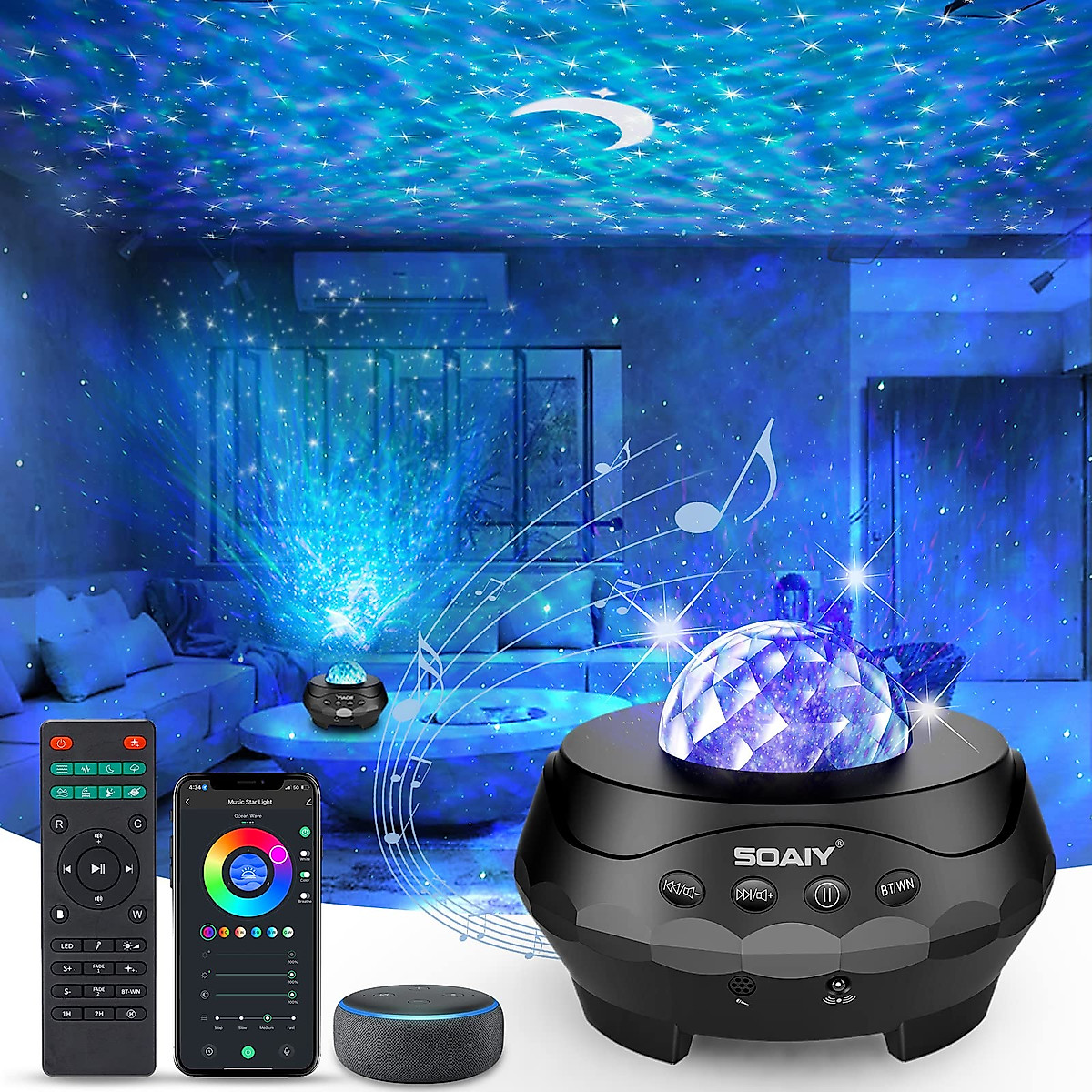 SOAIY Star Projector, Galaxy Projector Starry Night Light Projector with Bluetooth Speaker, Remote Control, 8 White Noises, Works with Alexa Smart App for Kids Adults Bedroom/Party/Home Ceiling Decor