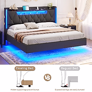 busyaeh King Floating Bed Frame with Hidden Storage Space and Charging Station, RGB Light Fabric Platform Bed with LED Light, No Box Spring Needed, Dark Gray