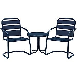 Crosley Furniture Brighton 3-Piece Outdoor Chair and Side Table Set, Retro Metal Patio Conversation Sets, Navy