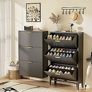 Shoe Cabinet for Entryway Slim - 3 Drawer All Steel Shoe Storage Cabinet with Flip Door & Gold Handle for Hallway, Living Room, Black