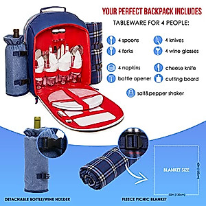Frolk Picnic Backpack Set for 4 - Picnic Basket Backpack Kit with 4 Cutlery Sets, Cooler Compartment, Wine Holder, Picnic Blanket, 3 Food Storage Containers - Picnic Gift for Men and Women