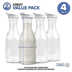 Plastic Juice Carafe with Lids (Set of 4) 50 oz Carafes for Mimosa Bar, Drink Pitcher with Lid, Water Bottle, Milk Container, Clear Beverage Containers for Fridge, Pantry Storage, Round Pitchers