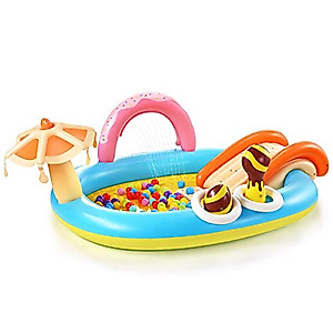 Inflatable Play Center, Hesung 98'' x 67'' x 32'' Kiddie Pool, Summer Inflatable Pool with Slide for Garden, Backyard Water Park, Fountain Arch, Extra Thick, Easy Set up for Ages 2+ Toddlers