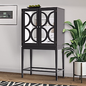 JIEJIEGAO Double Mirror Door Bar Cabinet, Wine Solid Rubber Wood Rack Cabinet, with 8 Wine Glass Holder Sideboard, with Featuring Two-Tier Storage, Wooden Storage Cabinet, Kitchen Organizer