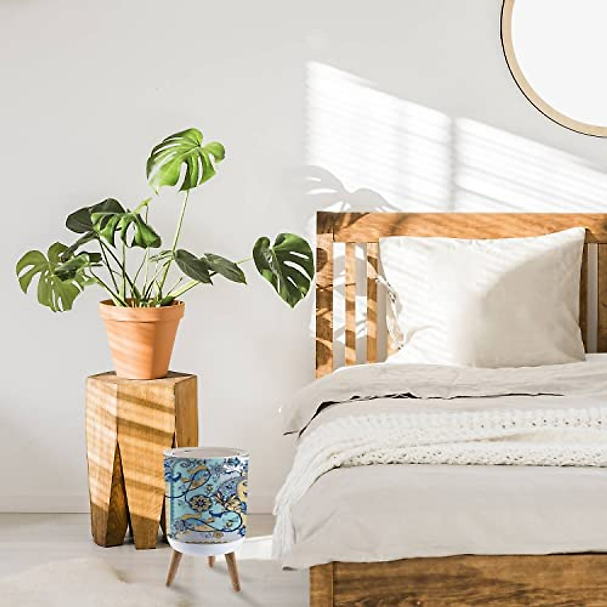 Trash Can with Lid Abstract Silk Scarf with Paisley Beautiful Oriental Paisley Classic Wood Small Garbage Bin Waste Bin for Kitchen Bathroom Bedroom Press Cover Wastebasket 7L/1.8 Gallon