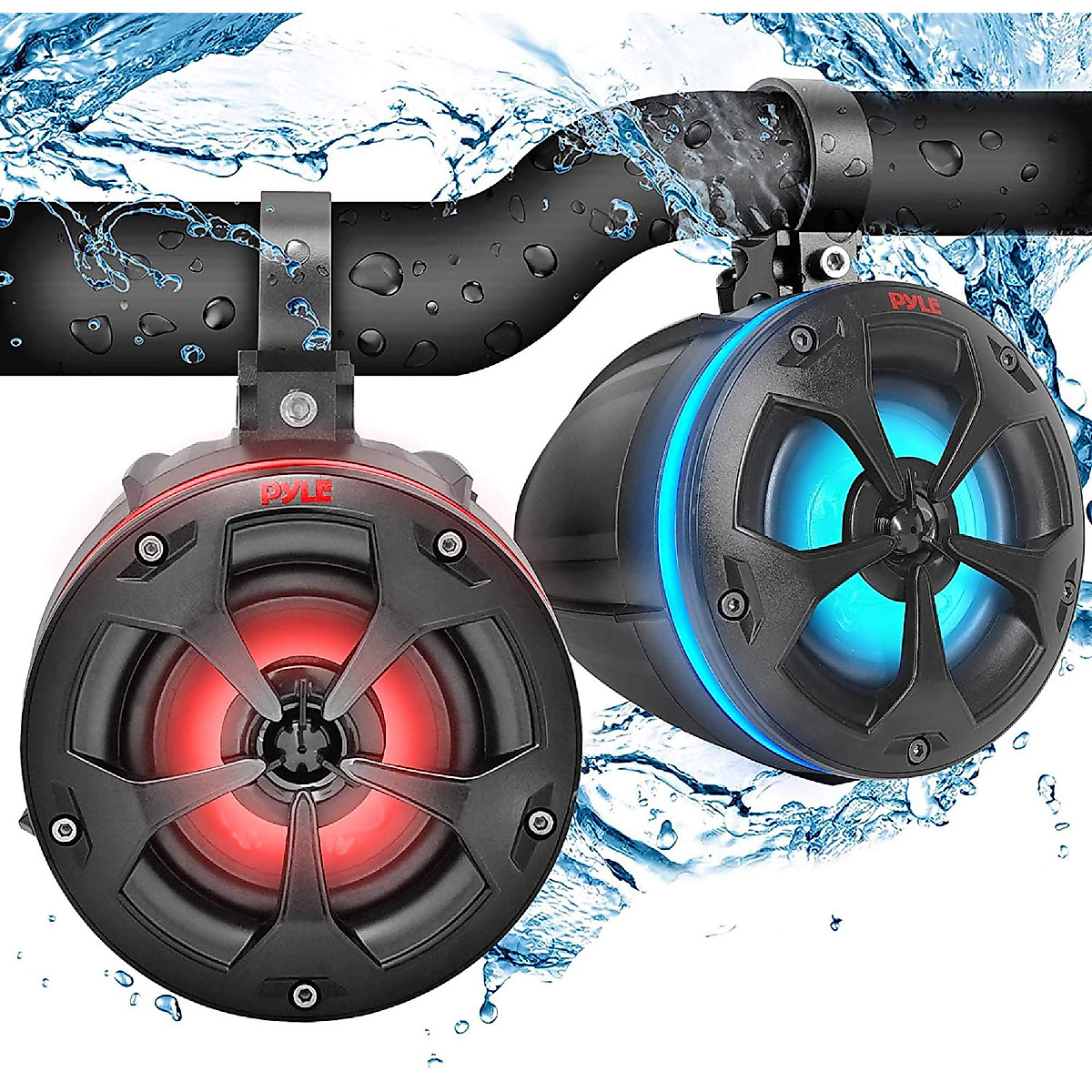 Pyle 2-Way Dual Waterproof Off-Road Speakers - 4" 800W Marine Grade Wakeboard Tower Speakers System w/RGB Lights & Remote, Full Range Outdoor Audio Stereo Speaker for ATV/UTV, Jeep, Boat PLUTV44BTR
