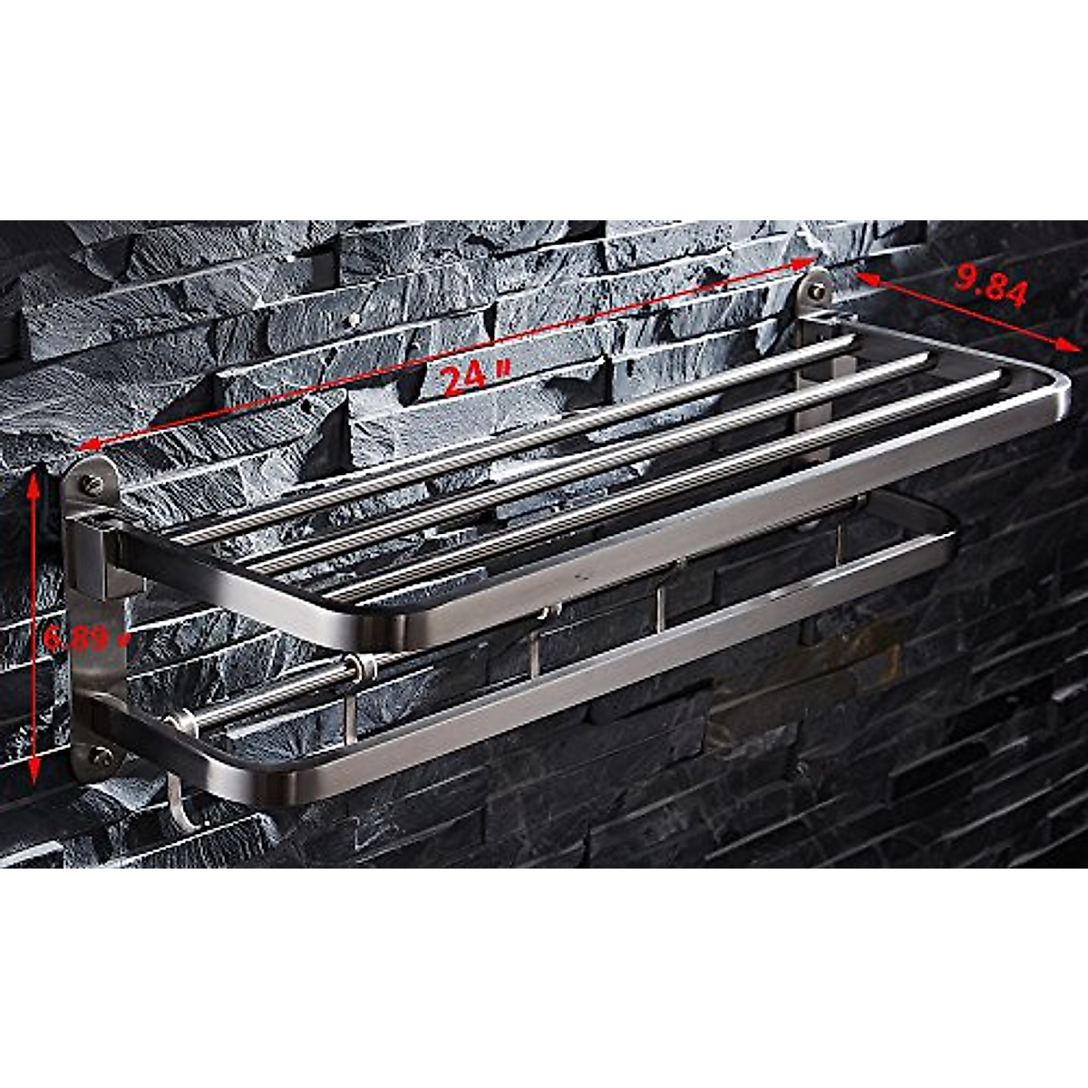 ELLO&ALLO Stainless Steel Towel Racks for Bathroom Shelf Double Towel Bar Holder with Hooks Wall Mounted Multifunctional Foldable Brushed Nickel