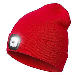 LED Beanie with The Light, Unisex USB Rechargeable Headlamp Hat Winter Knitted Night Lighted Cap Flashlight Women Men Gifts for Dad Him Husband (Red)