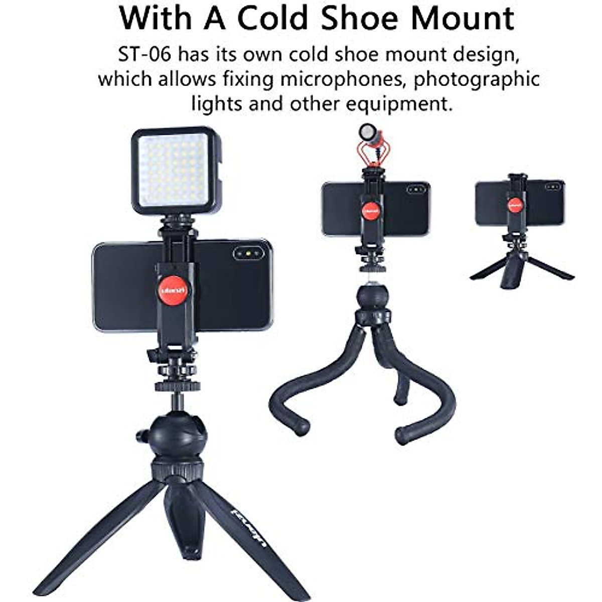 ULANZI ST-06 Camera Hot Shoe Phone Holder Flexible Phone Tripod Mount Adapter w Cold Shoe Mount for Microphone LED Light for DJI Ronin SC iPhone Samsung Canon Nikon DSLR Camera Ring Light Photography
